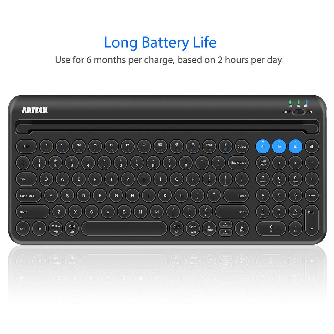 Arteck Wireless Bluetooth Keyboard for Windows, iOS, Android, Computer, Laptop, Smartphone - Multi-Functional with Built-in Cradle