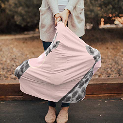 Giraffe Baby Car Seat Cover, Multi-Use Nursing Cover for Boys, Girls, Infants, Snug Warm Stroller Covers for Babies, Funny Animal Giraffe Blowing Bubble Pink