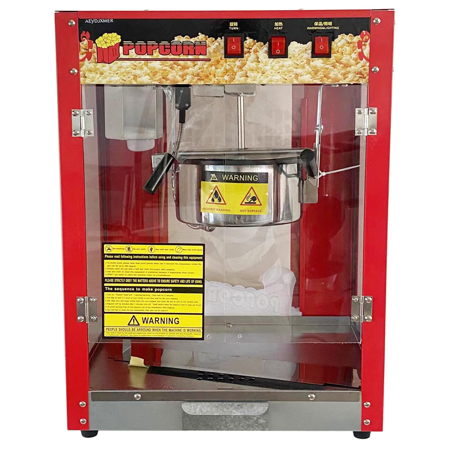 110V US Commercial Popcorn Machine, 8oz Popcorn Maker with Stainless-Steel Kettle,1400 W Countertop Popcorn Maker ,Movie Theater Popper with 3-Switch Control Steel Frame Acrylic Doors, Red