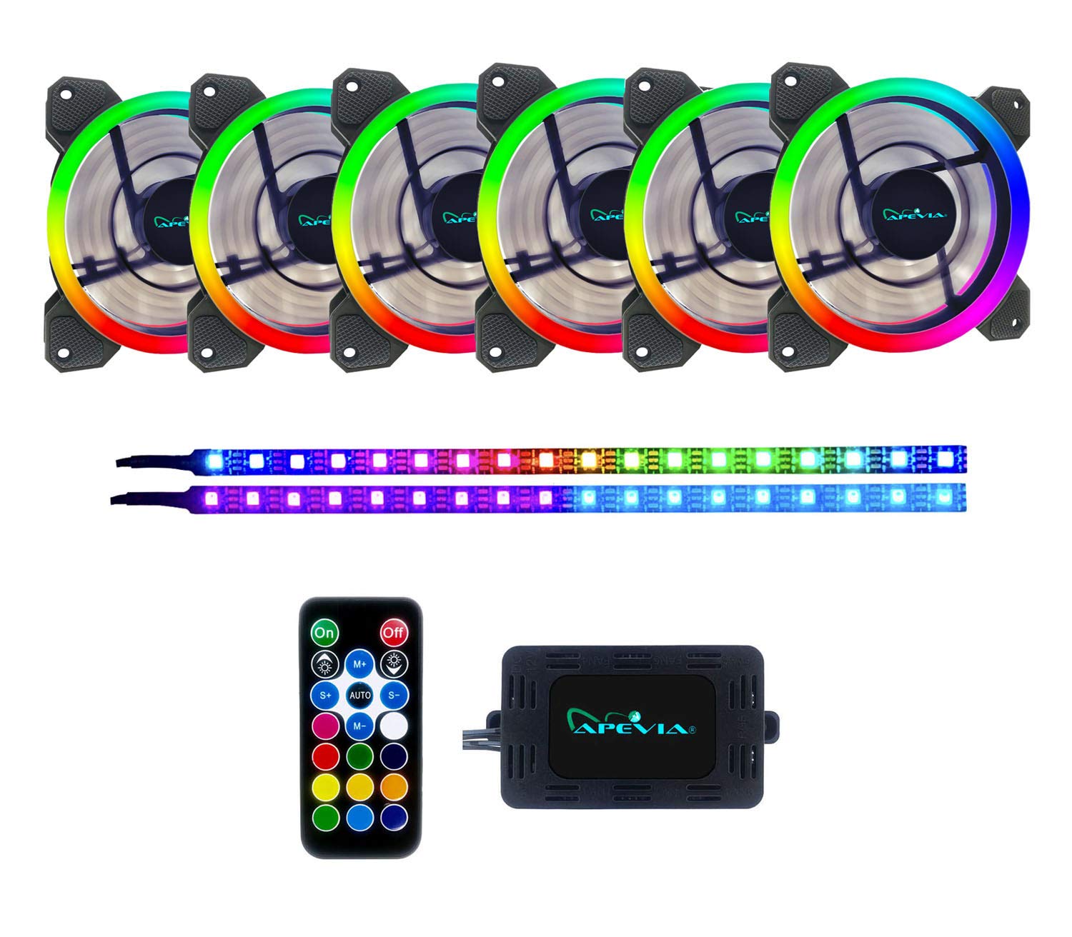 Apevia ST6P2-RGB Spectra 120mm Silent Dual Ring RGB Color Changing LED Fan with Remote Control, 16x LEDs & 8X Anti-Vibration Rubber Pads w/ 2 Magnetic LED Strips (6+2-pk)