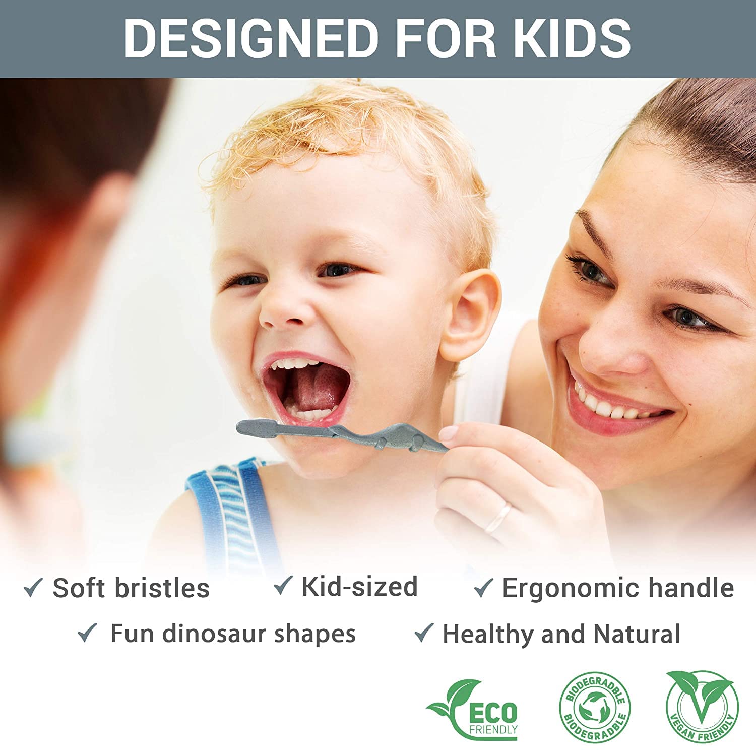 ANPEI ROARex Vegan Kids Toothbrush | Dino Design | Biodegradable & Compostable Natural Plant-Based Toothbrush | Dinosaur Theme | 1% for The Planet