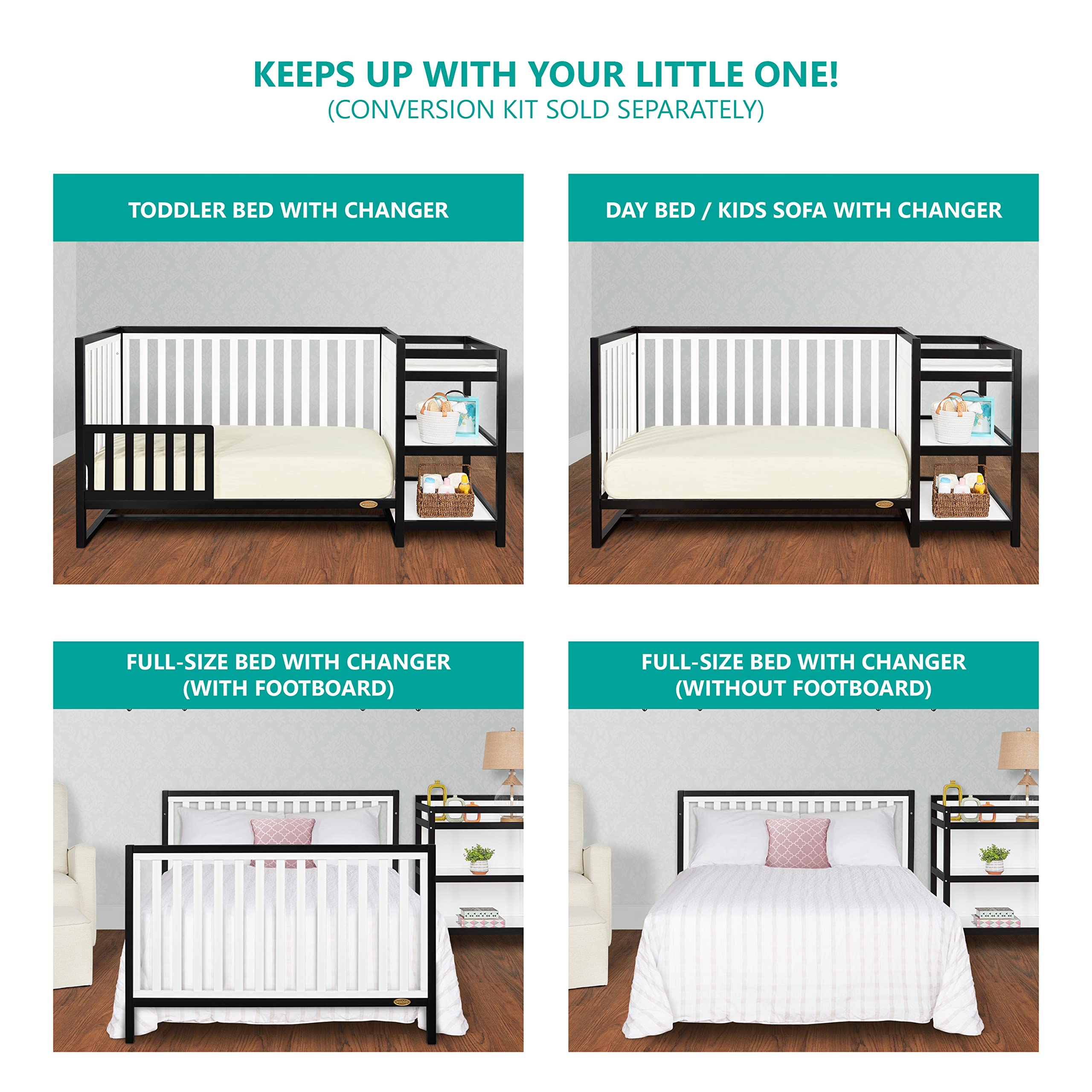 Dream On Me Milo 5-in-1 Convertible Crib and Changing Table with Free Changing Pad in Black and White, 3 Mattress Height Settings, Non-Toxic Finishes, Pinewood