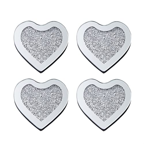 4 Pcs Glass Crystal Coaster,Diamond Mirror Coaster,Silver Luxury Cup Mat,Desktop Advanced Decoration (Heart 4x4in)