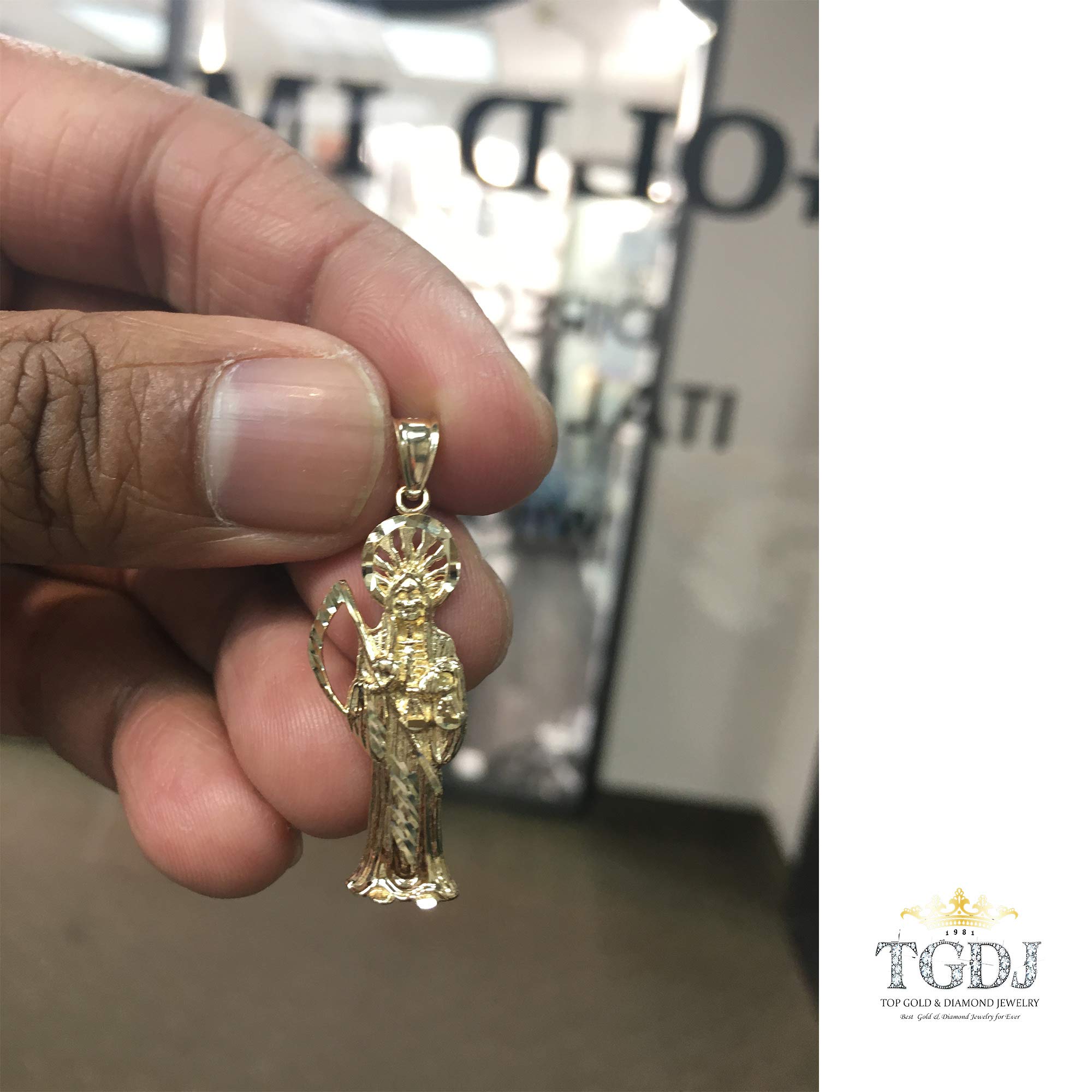 14k Yellow Gold Religious Santa Muerte Pendant - Height 30 MM Width 13 MM Avg. Weight 1.8 grams