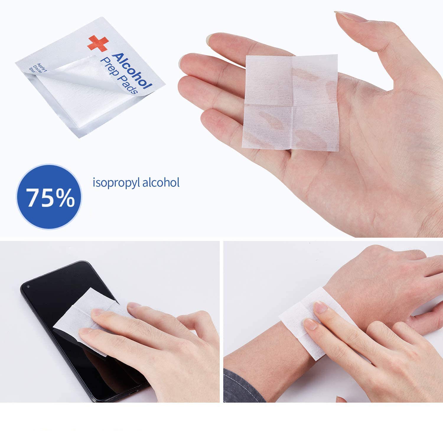 Alcohol Prep Pads, 75% Alcohol Cotton Slices, 100 Pcs Alcohol Gauze Pads Individually Wrapped Swap Pad Wet Wipe, 6 x 6cm/2.36in x 2.36in