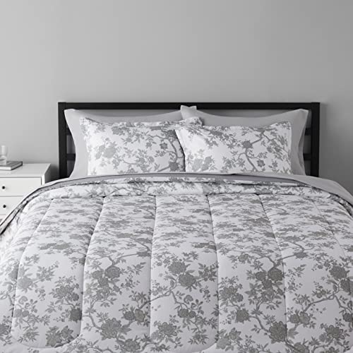 Amazon Basics 8-Piece Ultra-Soft Microfiber Bed-In-A-Bag Comforter Bedding Set - Full/Queen, Grey Chinoiserie