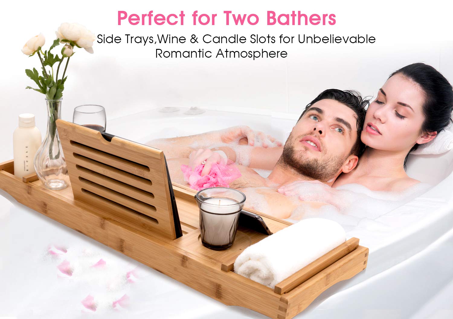 HBlife Bamboo Bathtub Caddy Tray with Extending Sides & Laptop Desk with Foldable Legs,Cellphone Tray and Wineglass Holder,Free Soap Holder (Natural)