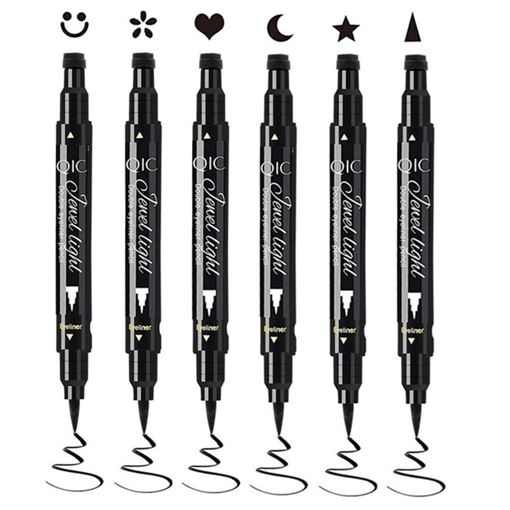Go Ho 6 PCS Eyeliner Stamps,Double-sided Super Slim Gel Felt Tip High Black Eye Liner Pen,Waterproof Smudge-Proof Smooth Eyeliner Makeup Tools(6 Shapes)
