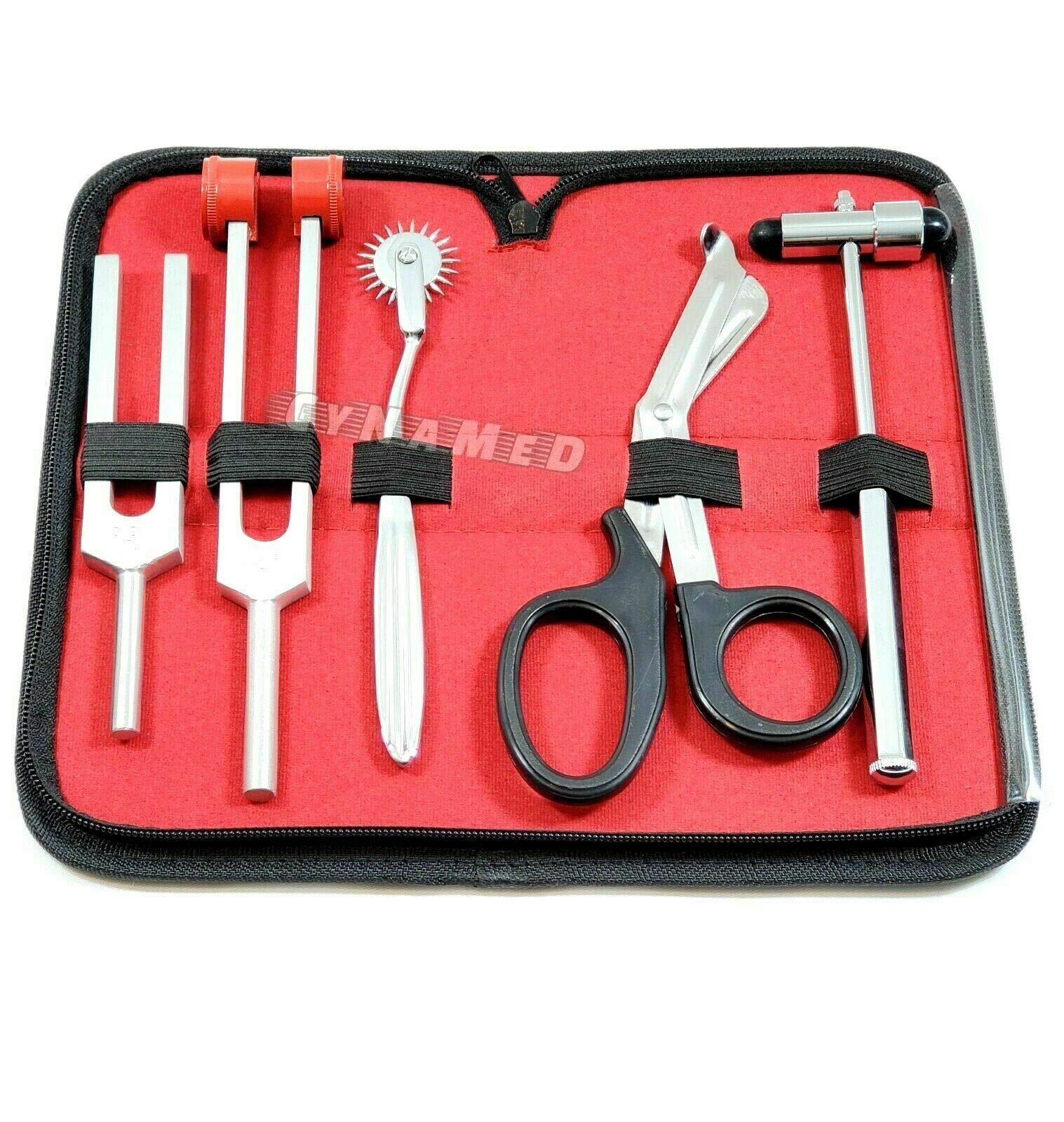 5 Piece Student Diagnostic Kit - Reflex Neurological Buck Hammer And Tuning Fork Set C 128 And C 512. Includes Wartenberg Pinwheel, Premium Steel Bandage Scissor 7.5β Black