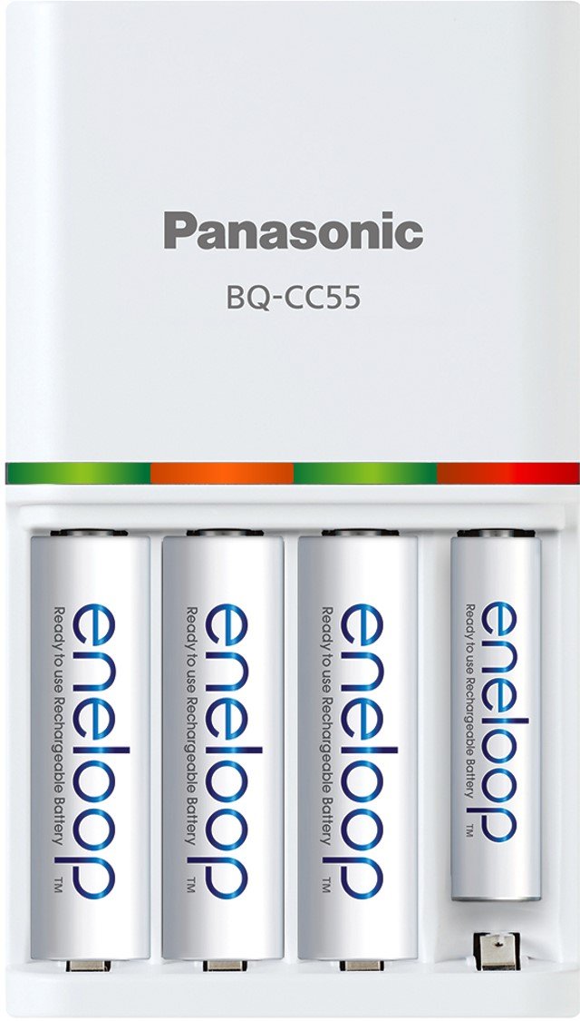 Eneloop Panasonic BK-3MCCA12FA AA 2100 Cycle Ni-MH Pre-Charged Rechargeable Batteries & BQ-CC55SBA Advanced Individual Battery 3 Hour Quick Charger with 4 LED Charge Indicator Lights, White