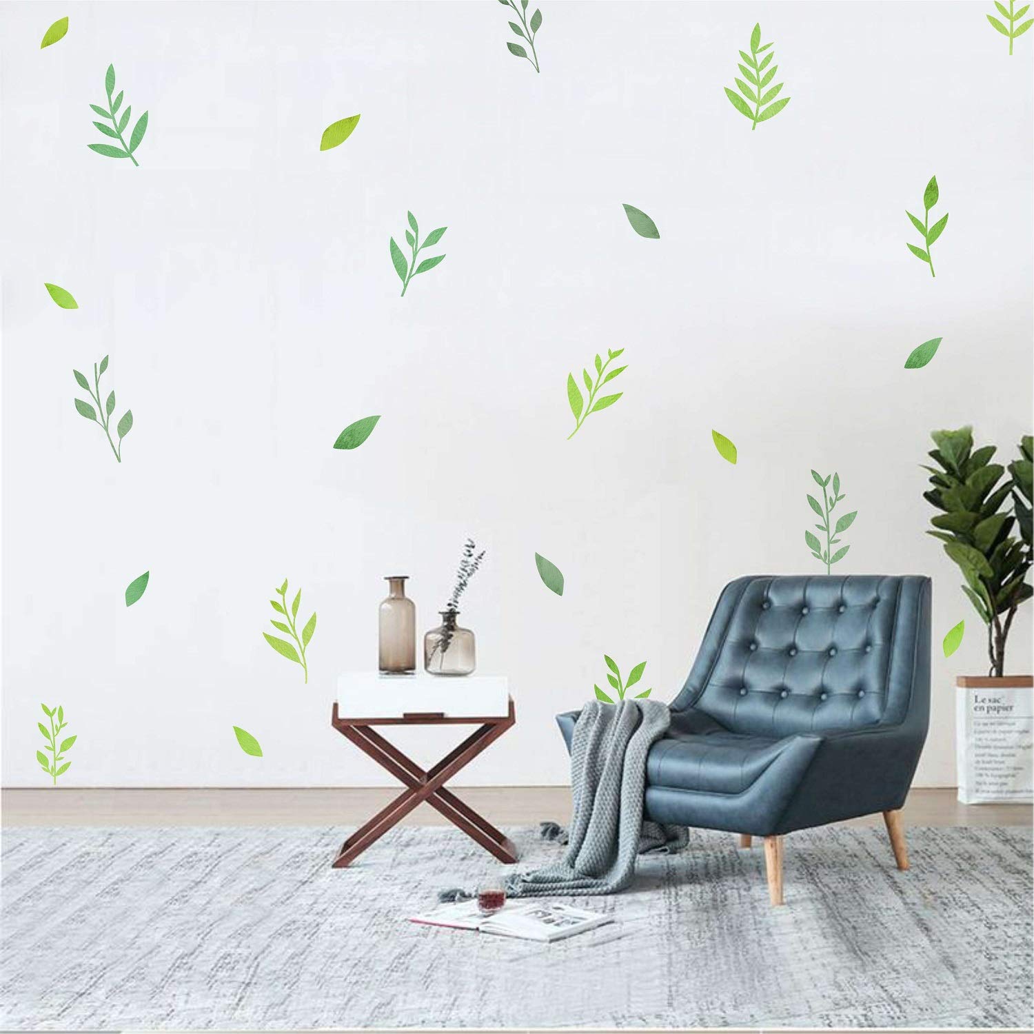 IKEYU Green Leaf Wall Decals Watercolor Leaves Wall Stickers Small Green Leaves Wall Decal Fresh Leaf Wall Sticker for Nursery Bedroom Living Room