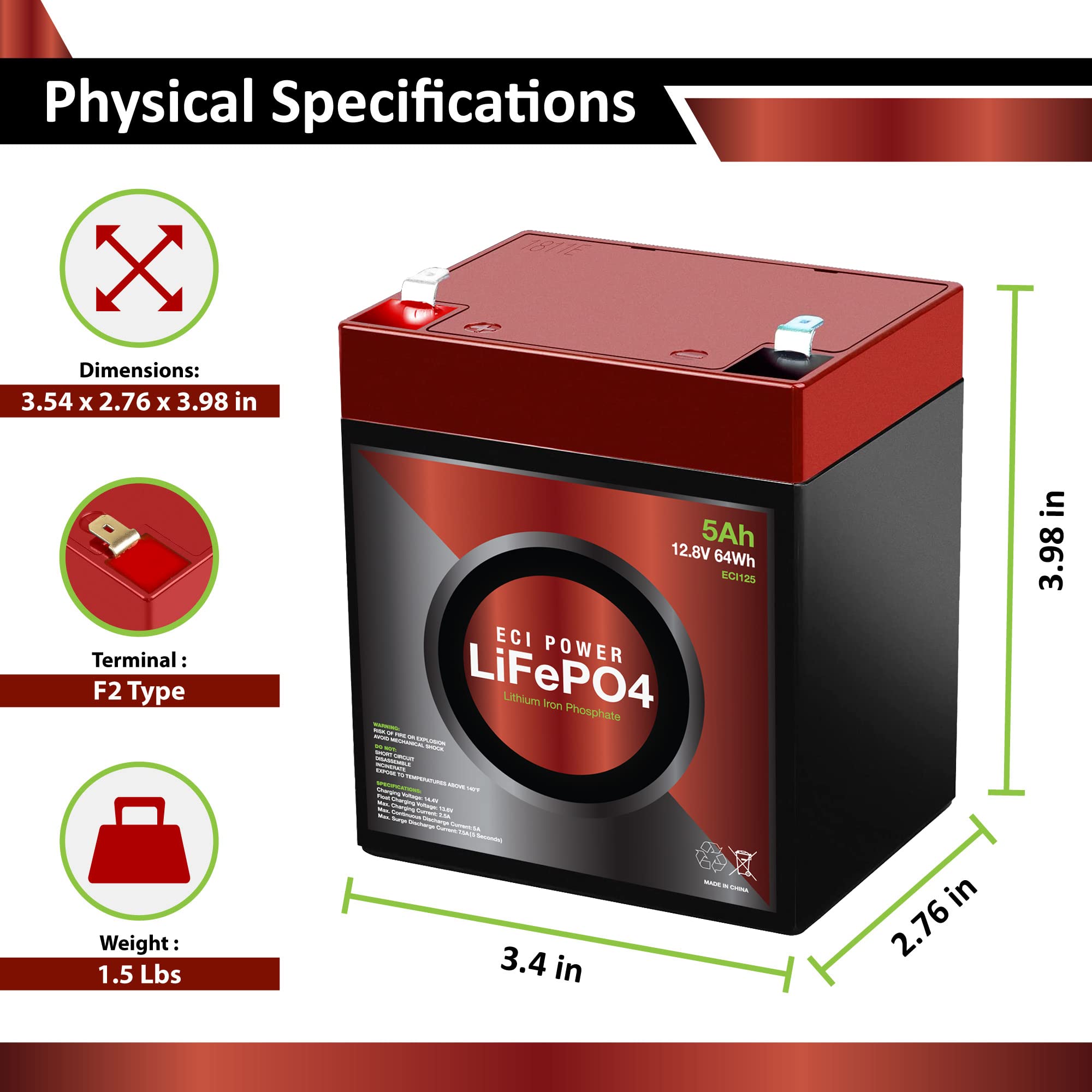 ECI Power 12V 5Ah Lithium LiFePO4 Deep Cycle Rechargeable Battery | 2000-5000 Life Cycles & 10-Year Lifetime | Built-in BMS