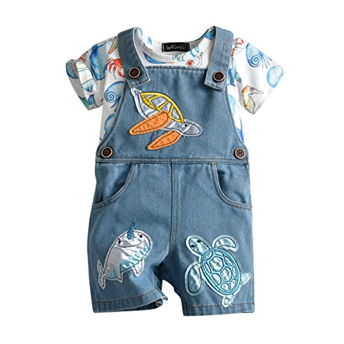 Lvyinli Baby Boy Clothes Set Infant Boy's Long Sleeve Romper+Dinosaur Denim Overalls Toddler Boys Summer Clothes Outfits (Blue Turle, 6-12 Months)