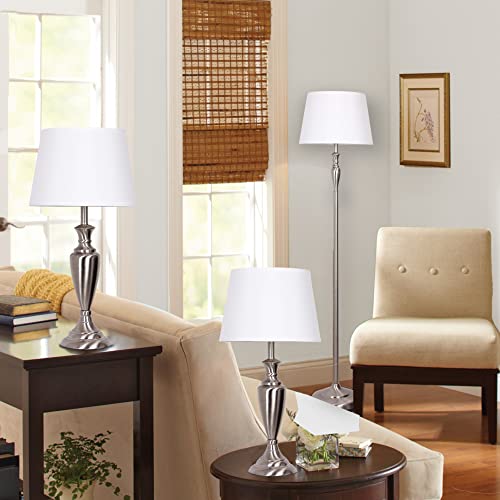 Catalina 21415-000 Transitional 3-Piece Metal Floor & Table Lamp Set with Linen Shades, 59" and 24", Brushed Nickel