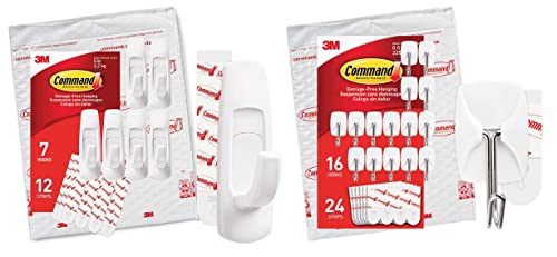 Command Wall Hooks Bundle - Command Small Wire Toggle Hooks 16 Hooks with Large Utility Hooks 7 Hooks, Command Strips Included