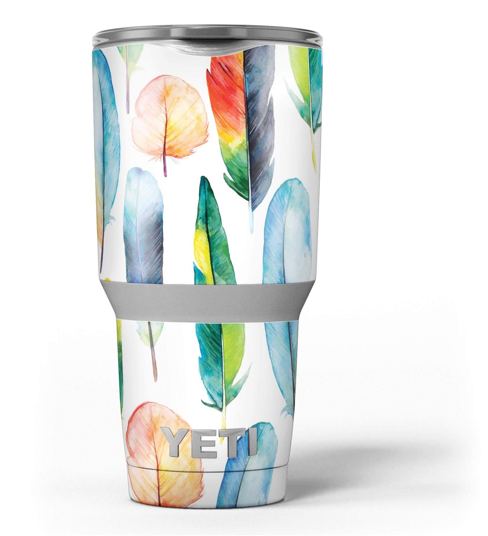 Design Skinz Bright Water Color Painted Feather - Skin Decal Vinyl Wrap Kit Compatible with The Yeti Rambler Cooler Tumbler Cups