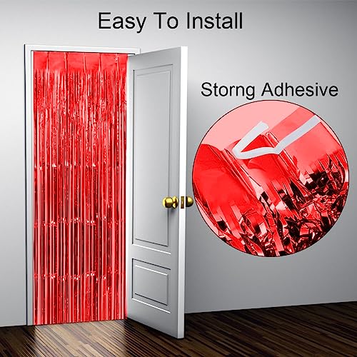 3 Pack Red Thicken Foil Fringe Curtains Decorations 3.2x8.2ft, Photo Backdrop for Birthday Bachelorette Bridal Shower Baby Shower Graduation Party, Party Streams Decor