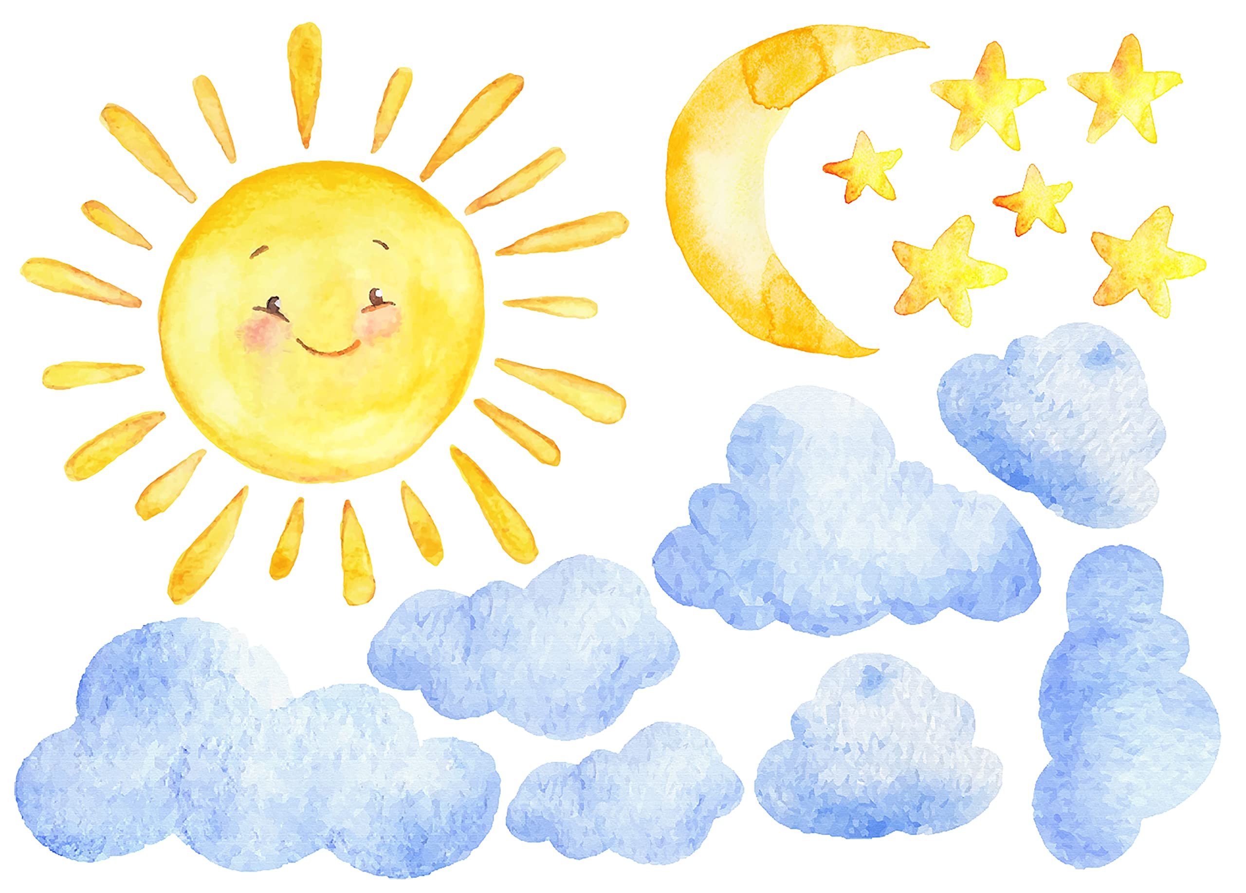 InnovativeStencils Watercolor Sun Moon Stars and Clouds Wall Decal Fabric Nursery Décor Art Print Stickers Peel an Stick #3088 (Blue Clouds)