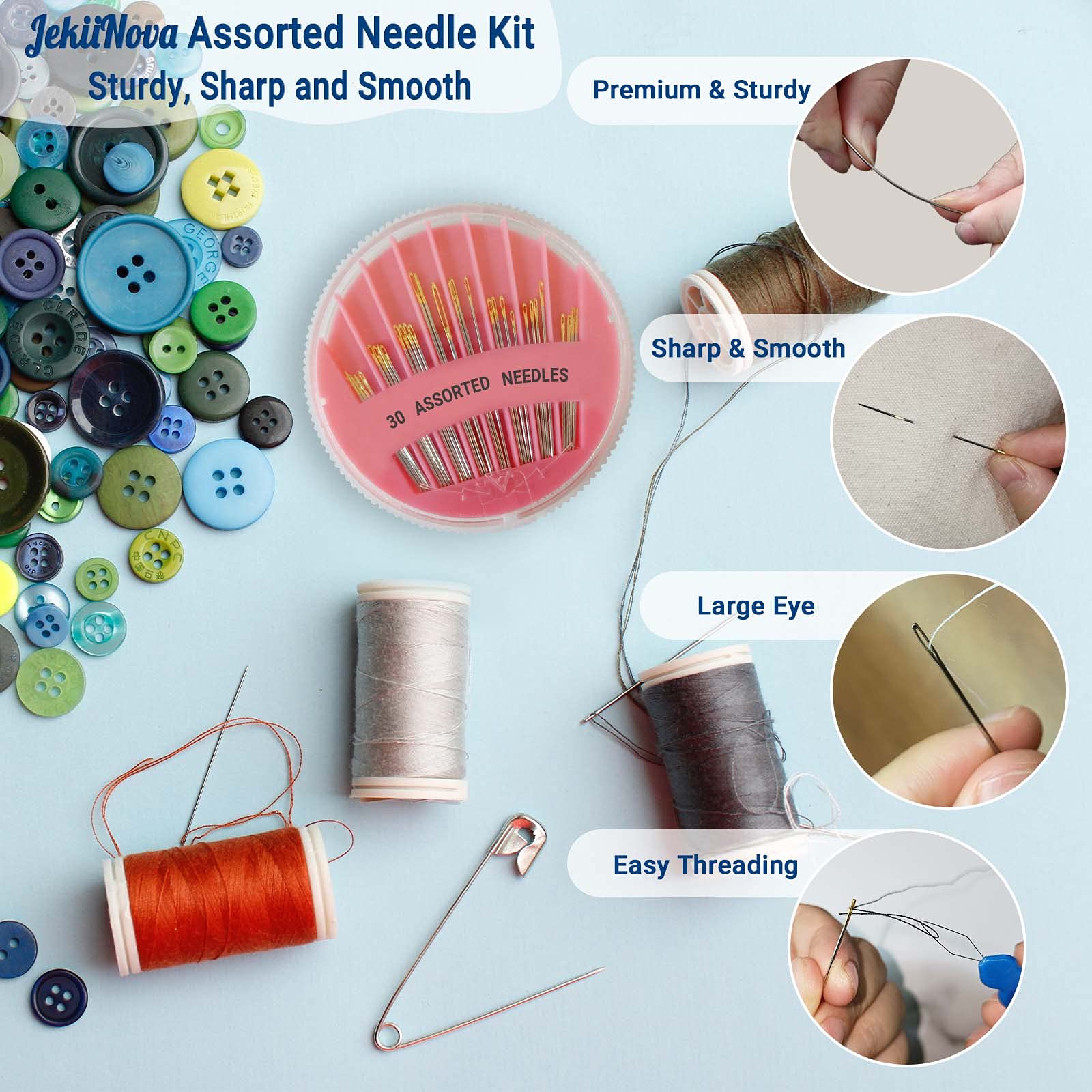 30 Pack Premium Hand Sewing Needles, 6 Sizes Assorted Sewing Needles for Handsewing Large Eye Stitching Needles for Sewing Repair Embroidery Needles Sewing Sharp Needles (1)