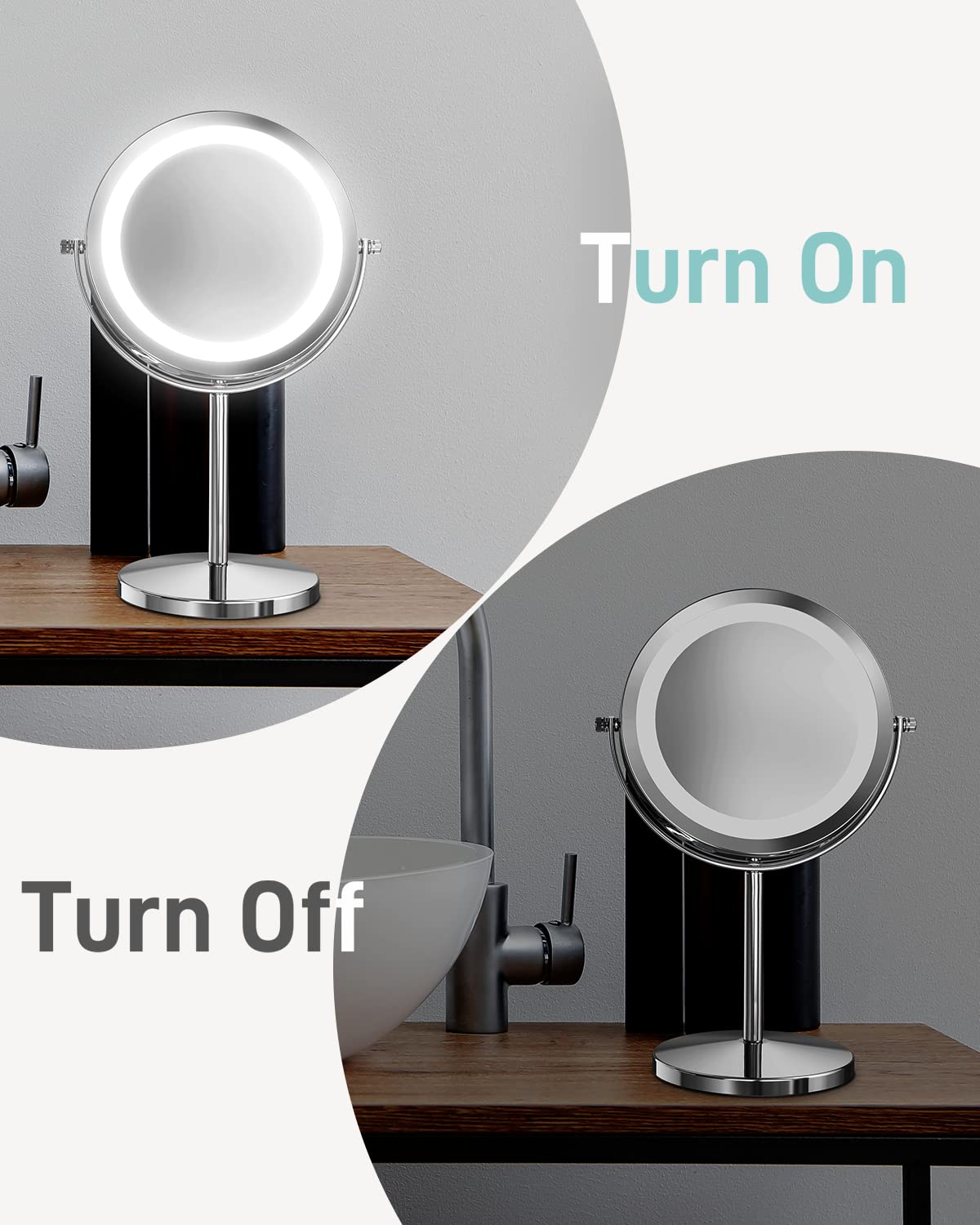 Benbilry Lighted Makeup Mirror with Lights and Magnification 10X/1X, Double Sided 360° Swivel 7" LED Dimmable Vanity Mirror with Touch Control Switch, Battery Operated Cordless Standing Shaving Mirror