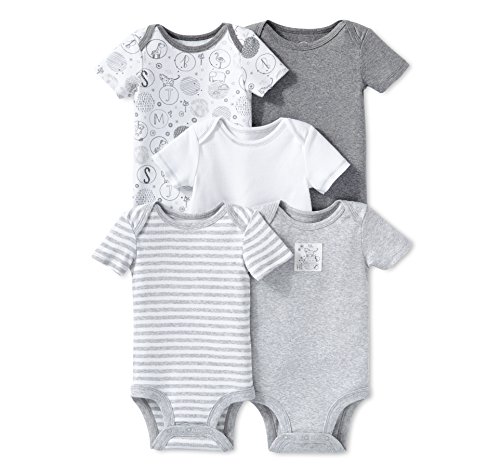 Lamaze Baby Super Combed Natural Cotton Short Sleeve Bodysuit, Snap Closure, 5 Pack, White and Grey Variety, Newborn