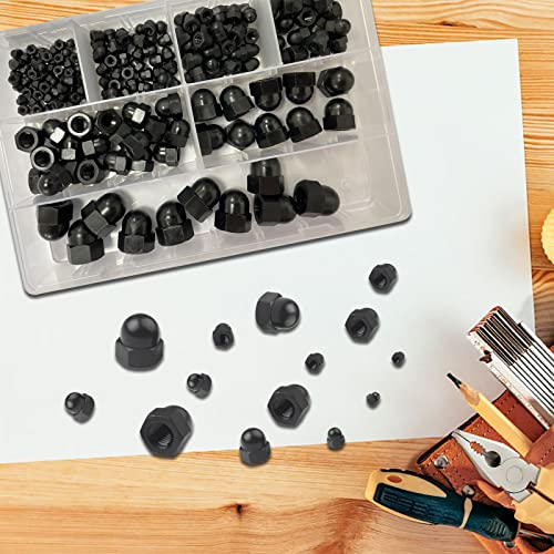 200Pcs Black Nylon Acorn Nut, 7 Sizes Hex Acorn Cap Nuts M3 M4 M5 M6 M8 M10 M12 Nylon Female Thread Bolt Cover Cap Dome Nuts for Protecting Hexagon Shaped Threads Rods Studs and Bolts