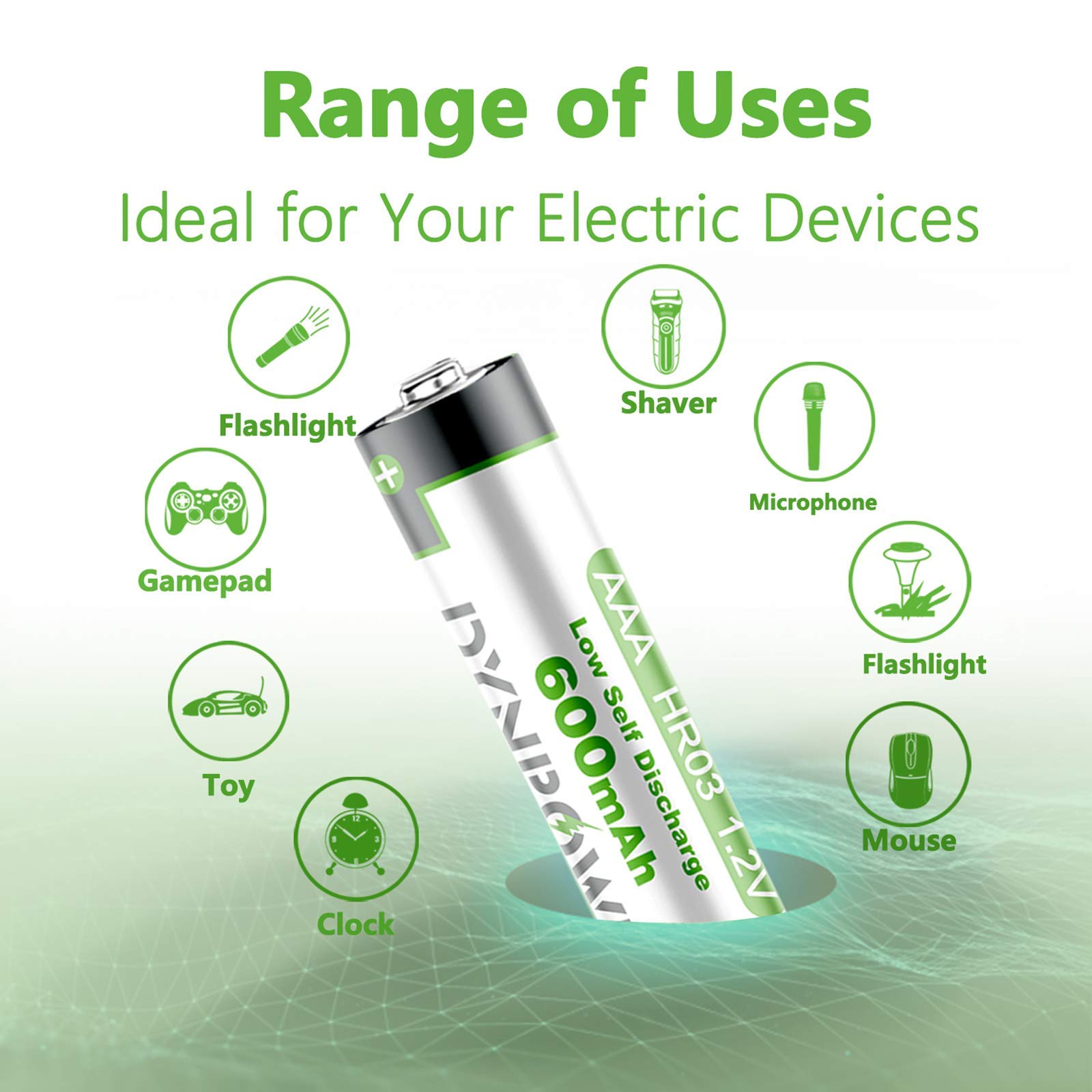 Dynpower NiMH AAA 600mAh Rechargeable Batteries 1.2V,Pre-Charged Triple A for Outdoor Solar Lights Garden Light and Household Devices, (Pack of 12)