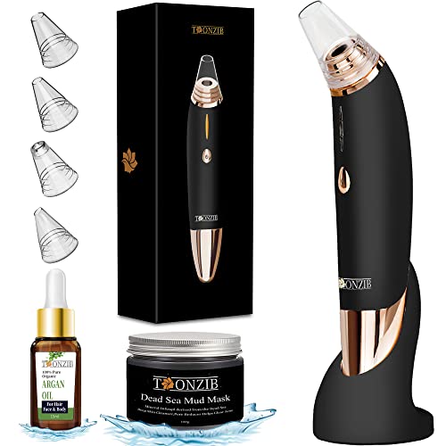 Blackhead Remover Vacuum - TOONZIB Rechargeable Pore Vacuum Blackhead Sucker - Facial Pore Cleaner Tool with 4 Suction Heads & Mud Mask and Argan Oil for All Skin Types - Women & Men