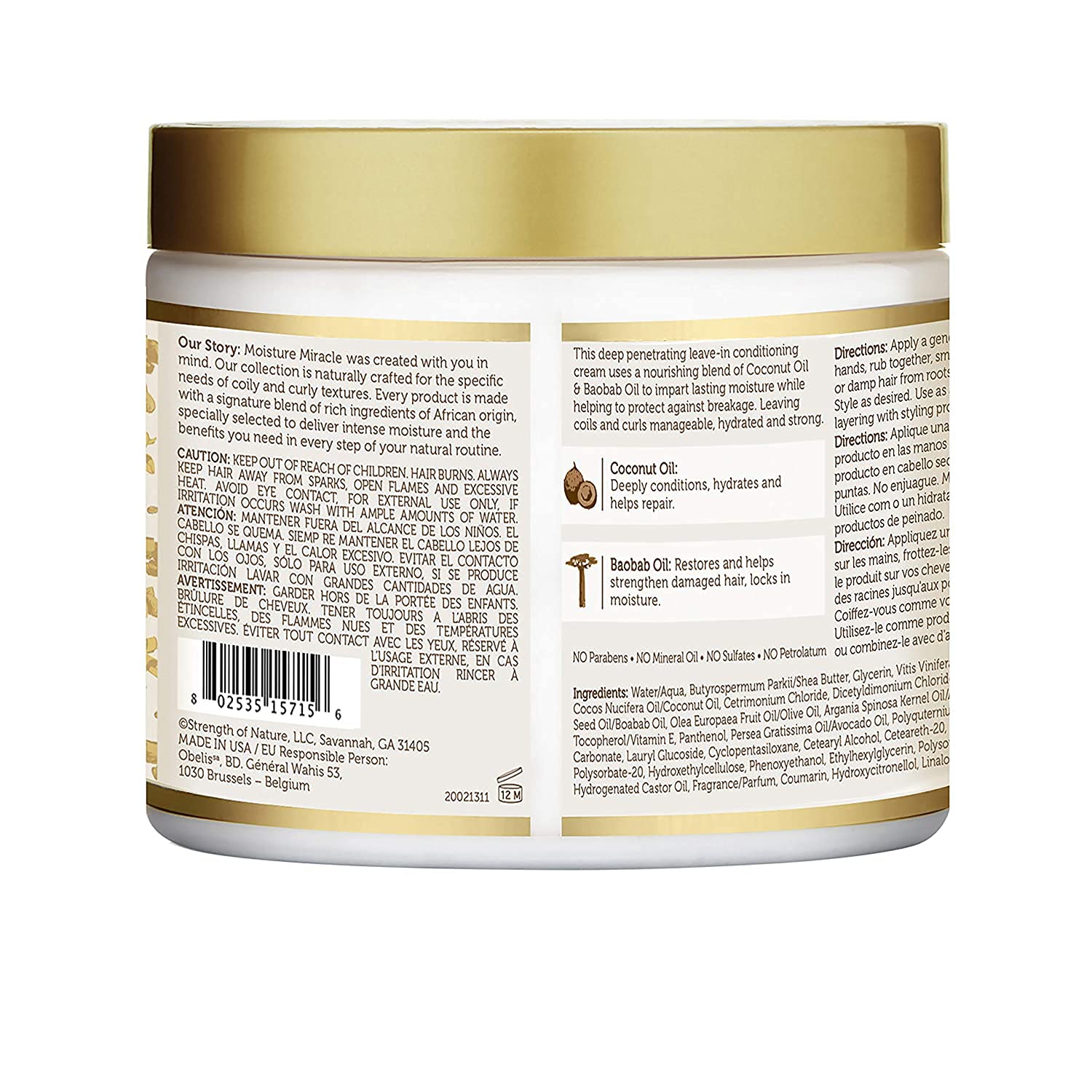 African Pride Moisture Miracle Coconut Oil & Baobab Oil Leave-In Cream - Provides Intense Moisture & Helps Repair Natural Coils & Curls, Hydrates & Strengthens, 15 oz (3 Pack)