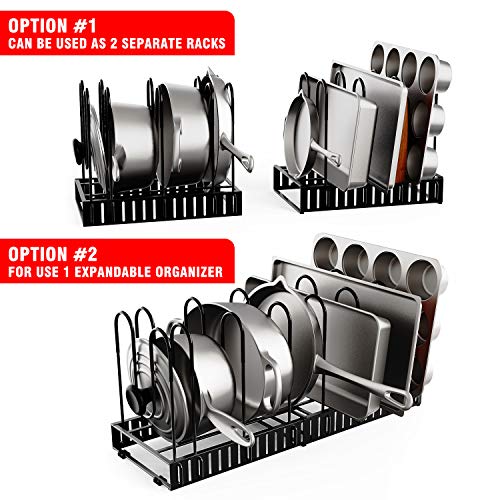 GeekDigg Pot Organizer Rack for Cabinet, Adjustable and Expandable 8+ Pans Pots Lid Organizer Rack Holder, Cabinet Pantry Countertop Bakeware Organizer