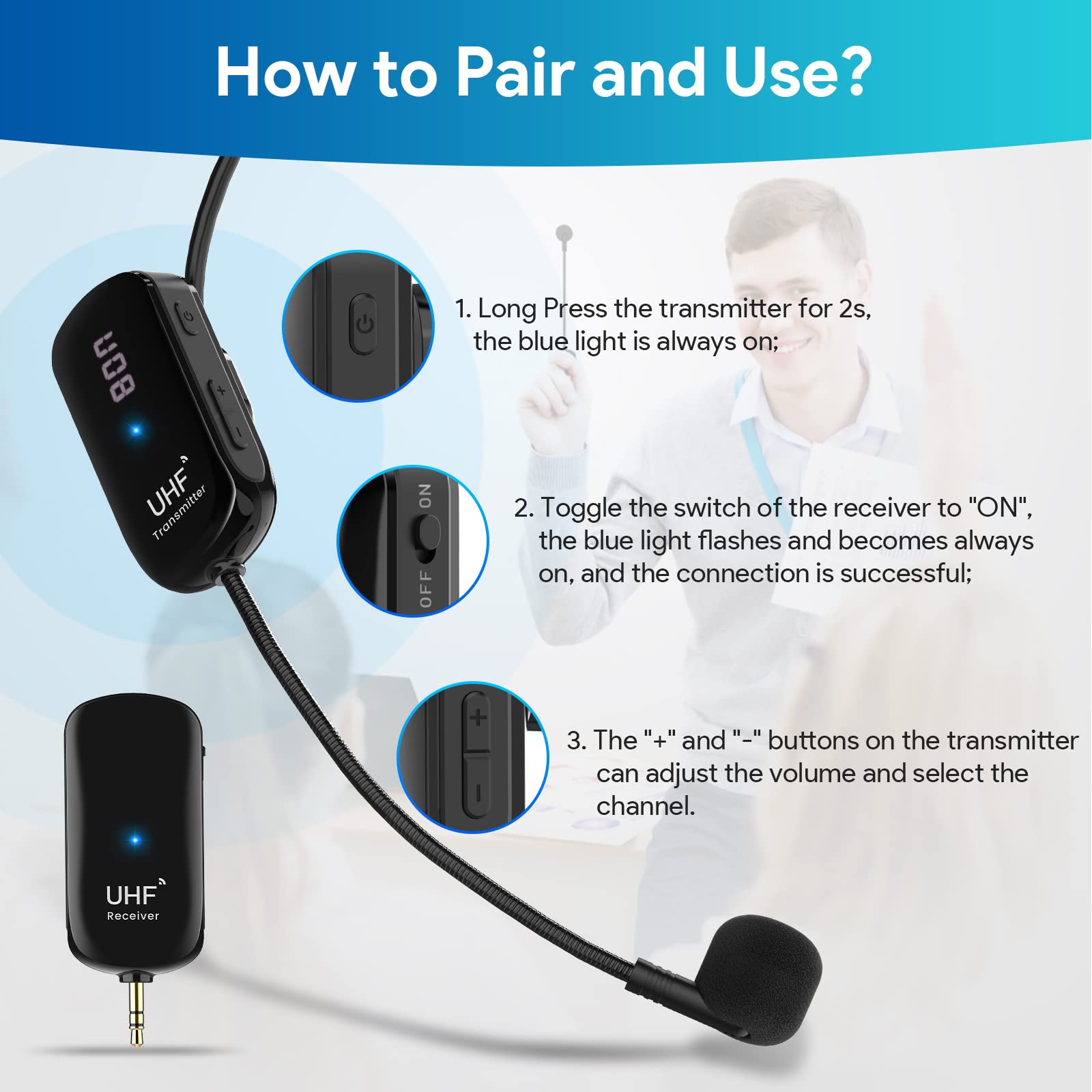 1Mii UHF Wireless Microphone Headset, 165ft Range, 1/4'' & 1/8'' Plug, 6H Long Battery Life, Wireless Headset Mic & Handheld Mic 2 in 1, for Amplifier, Mic Speakers, PA System, Teaching, Fitness