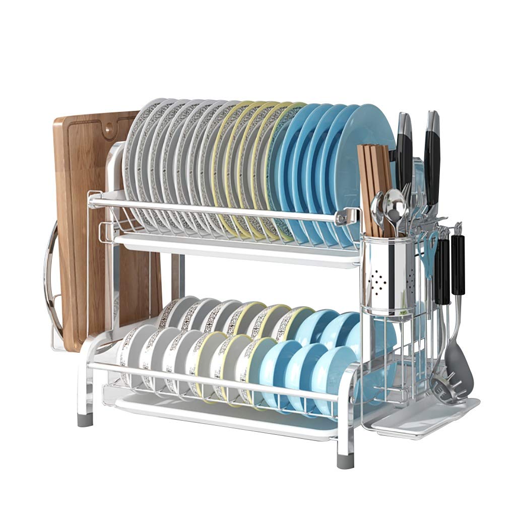 2-Tier Dish Rack, Colture Stainless Steel Dish Drying Rack with Utensil Holder and Drain Board Wine Glass Holder Easy-Storage Rustproof Kitchen Counter Dish Drainer Rack Organizer, Silver