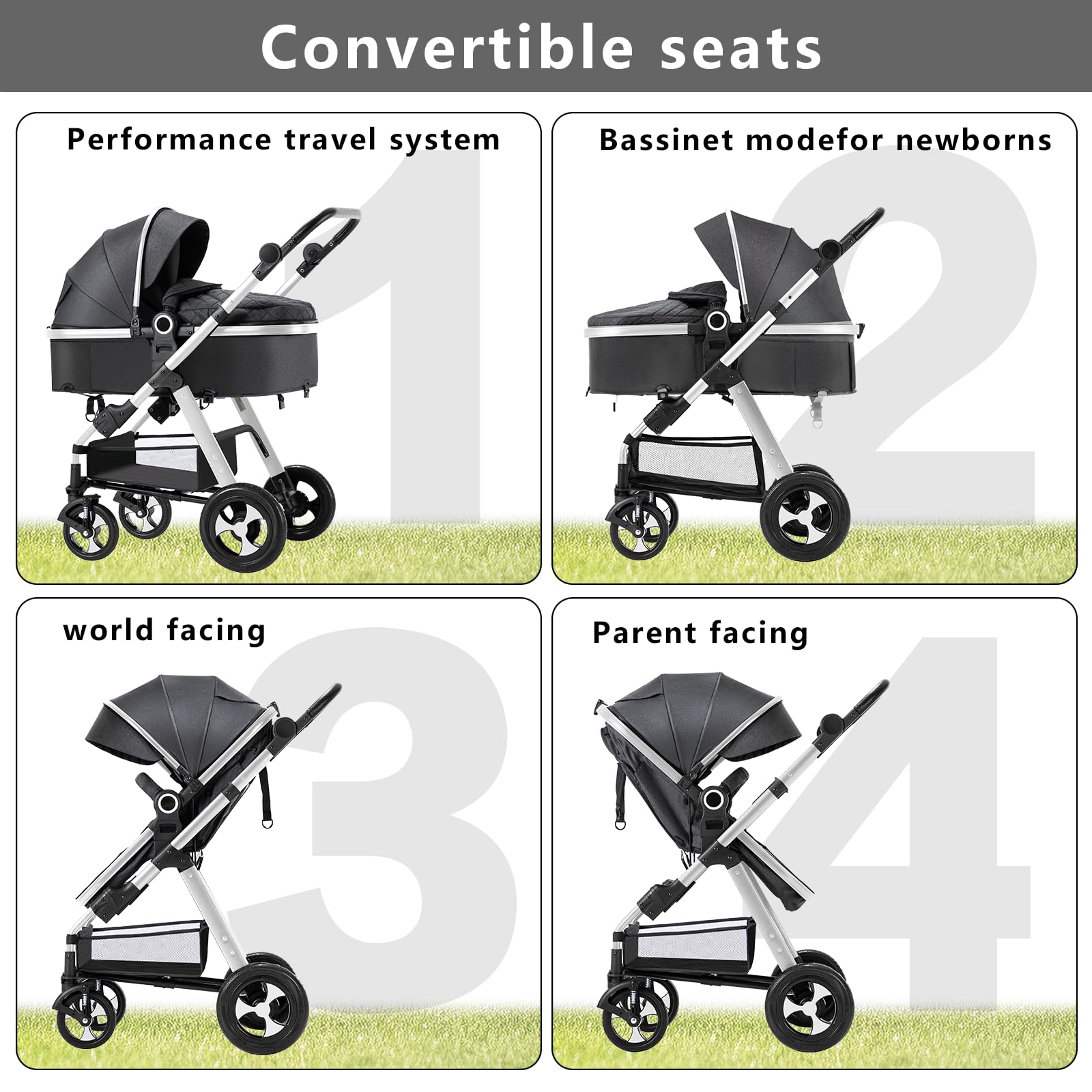 Blahoo Baby Stroller for Newborn, 2 in1 High Landscape Stroller, Foldable Aluminum Alloy Pushchair with Adjustable Backrest.Adjustable Awning, Variable Seat and Recliner(Black)