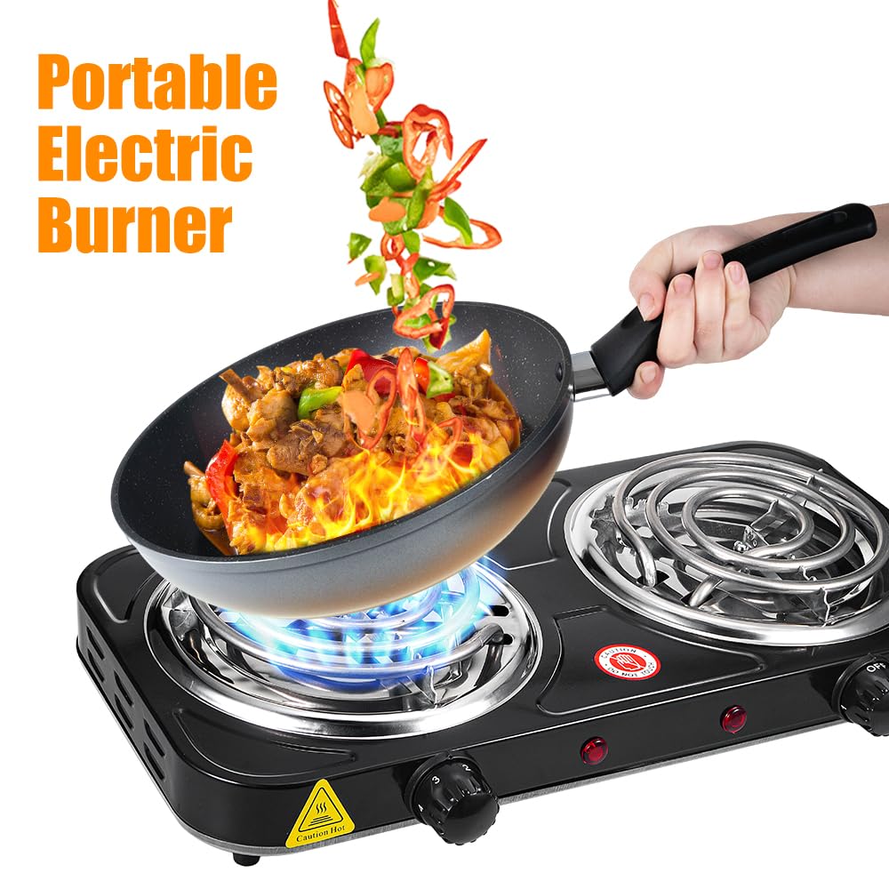 2000W Hot Plate for Cooking, Portable Electric Double Coil Burner for Kitchen Camping with Dual Control & 5 Level Temperature Control, Hot Plate Burners Easy to Clean, Electric Double Burner Cooktop