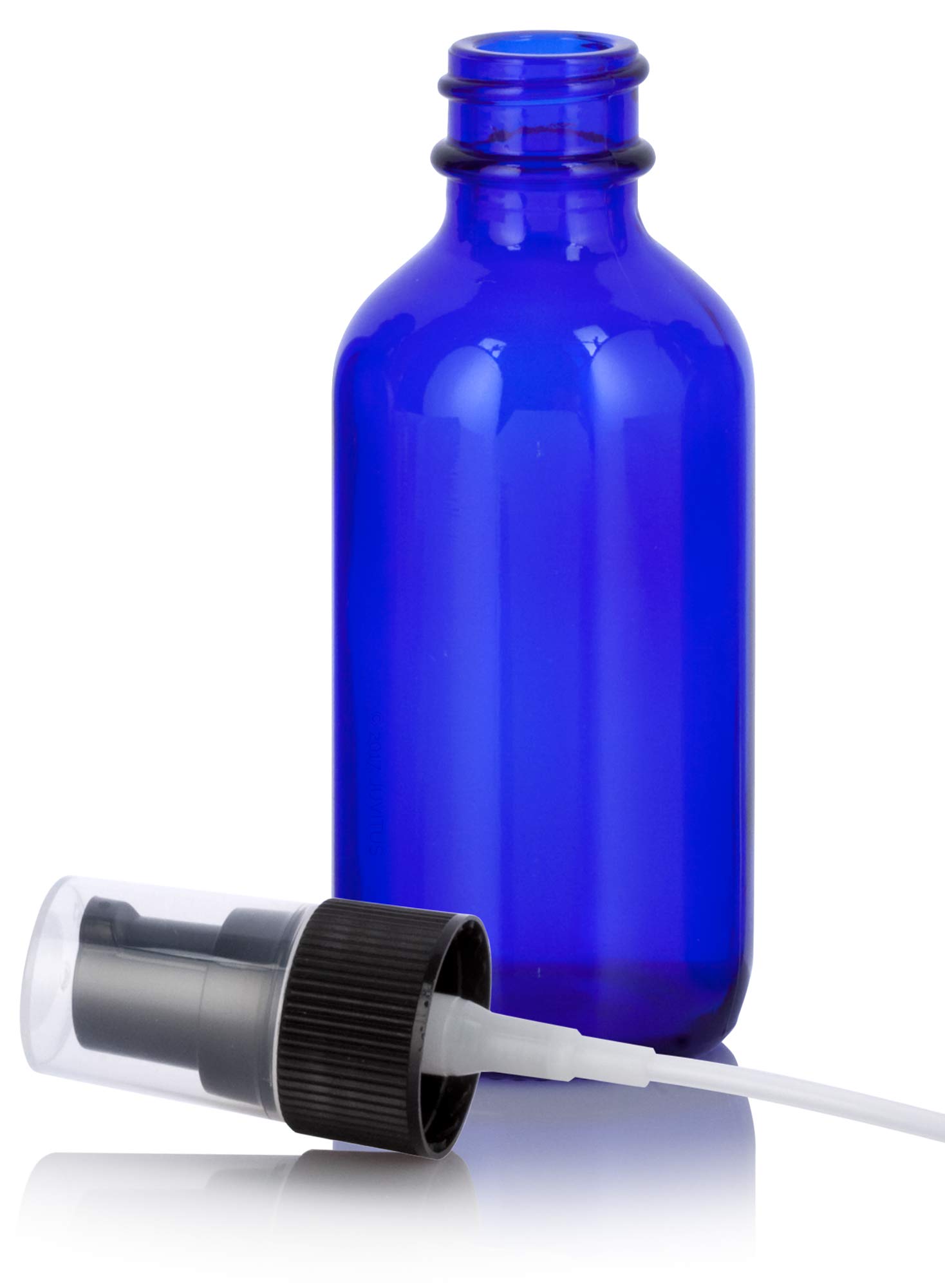 JUVITUS 2 oz Cobalt Blue Glass Boston Round Black Treatment Pump Bottle (24 Pack) + Funnel and Travel Size Foamer for Soap