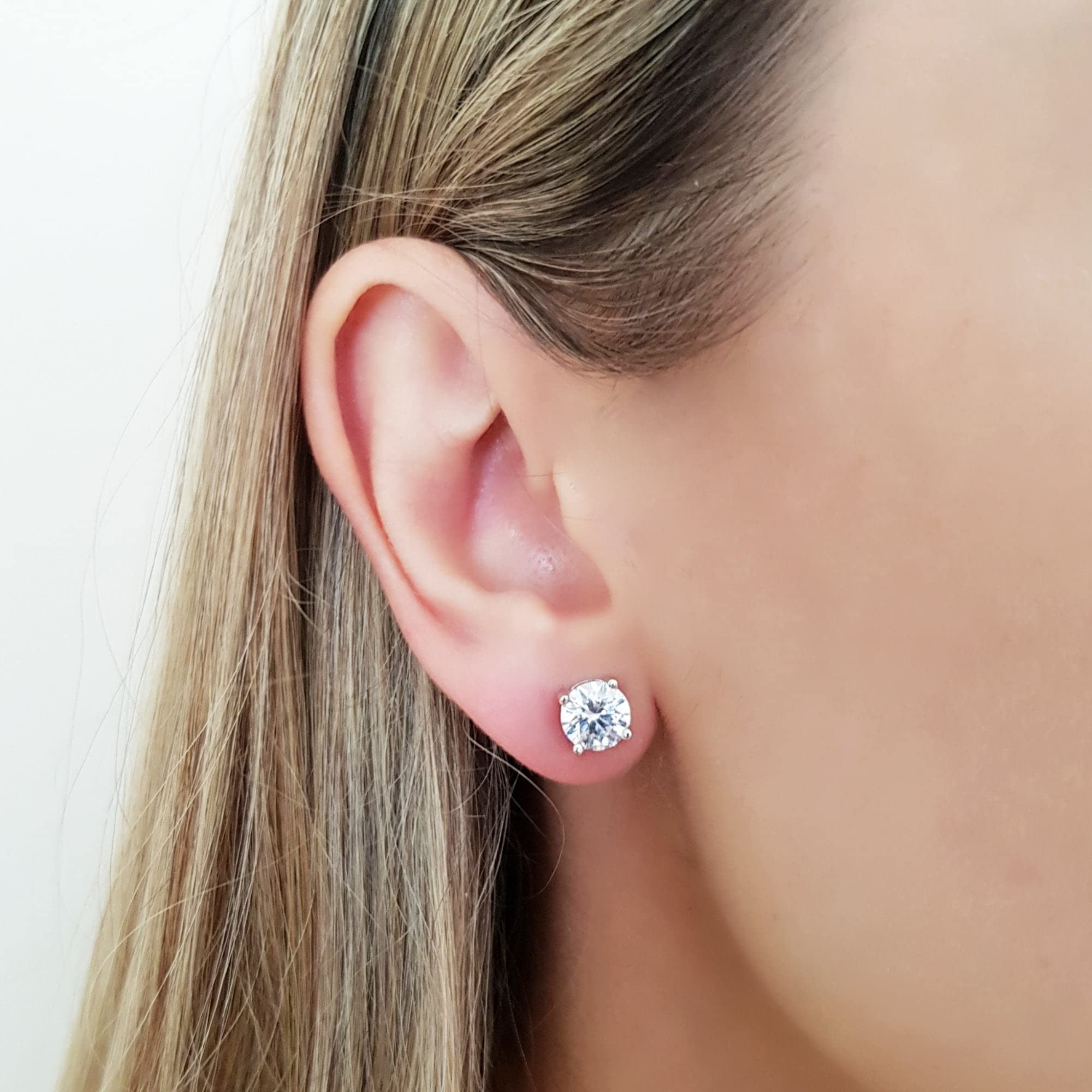 14k White Gold Post Round Brilliant Cut White Moissanite Diamond 925 Sterling Silver Stud Earrings - E55