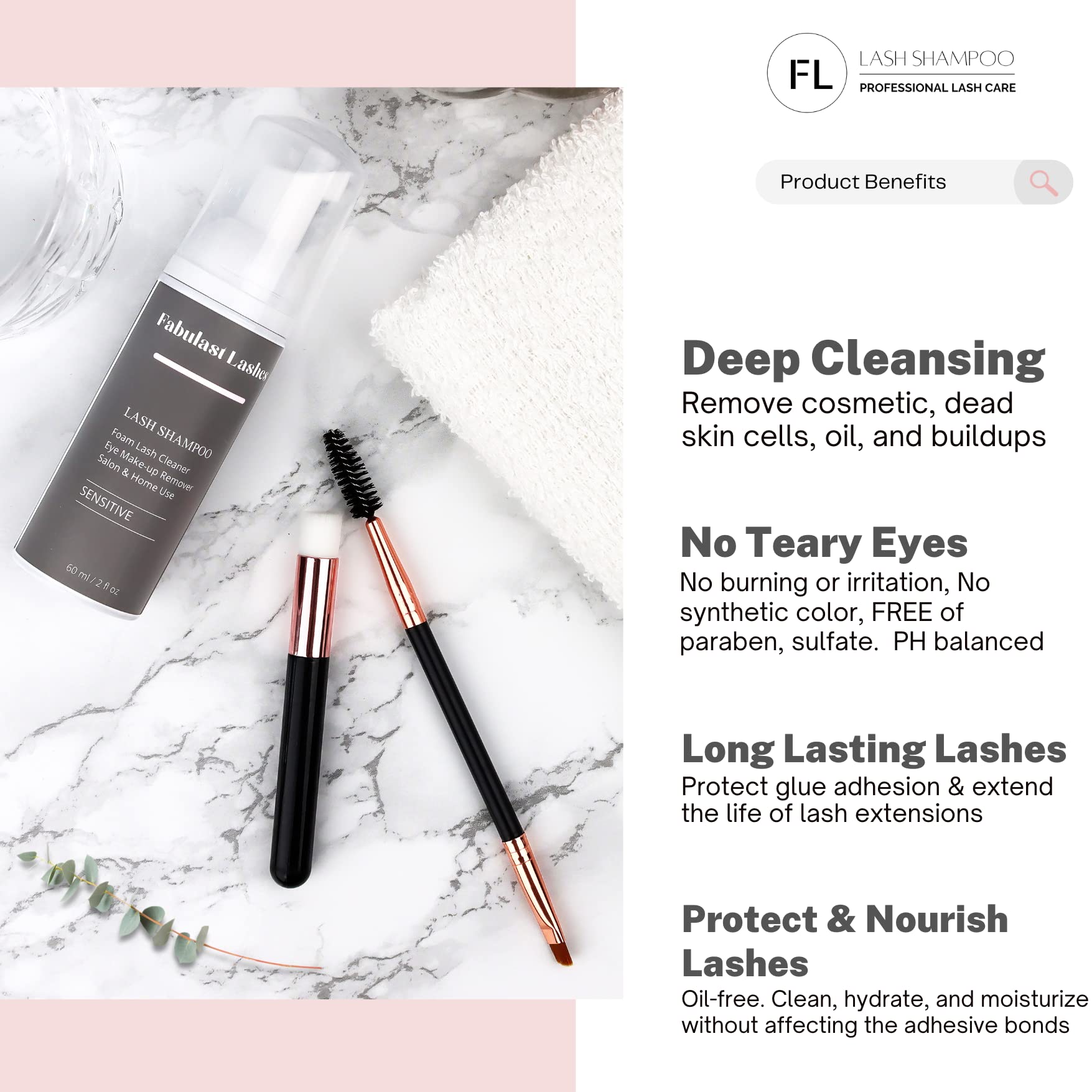 Lash Shampoo for Lash Extensions Kit - Sensitive Eyelash Cleanser for Extensions - Foaming Lash Bath for Natural/Eyelash Extensions - Paraben & Sulfate & Oil Free - Salon and Home Use (60ml 2 Fl Oz)