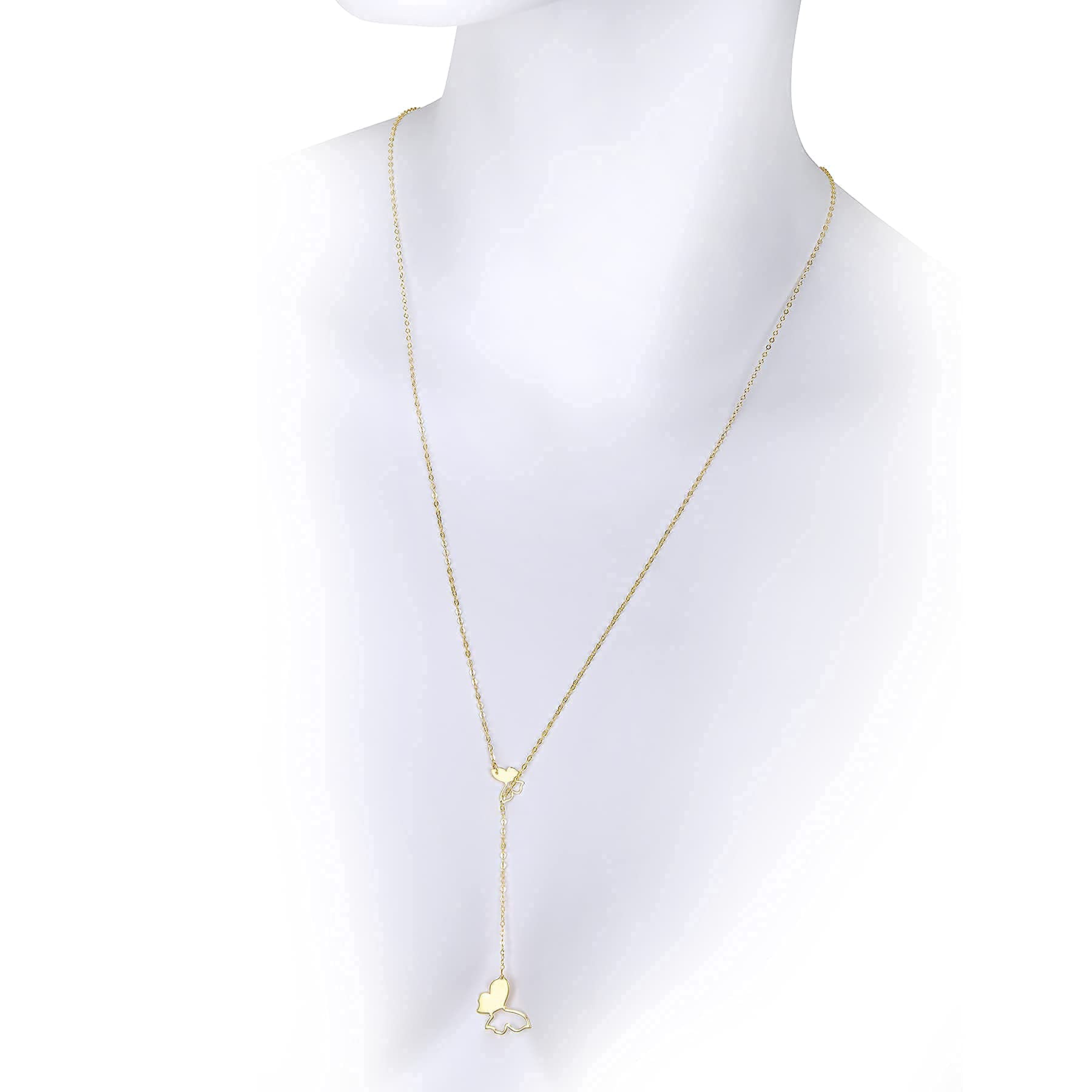 14k Italian Solid Yellow Gold Lariat Y Drop Sliding Pendant Butterflies Necklace, 28”
