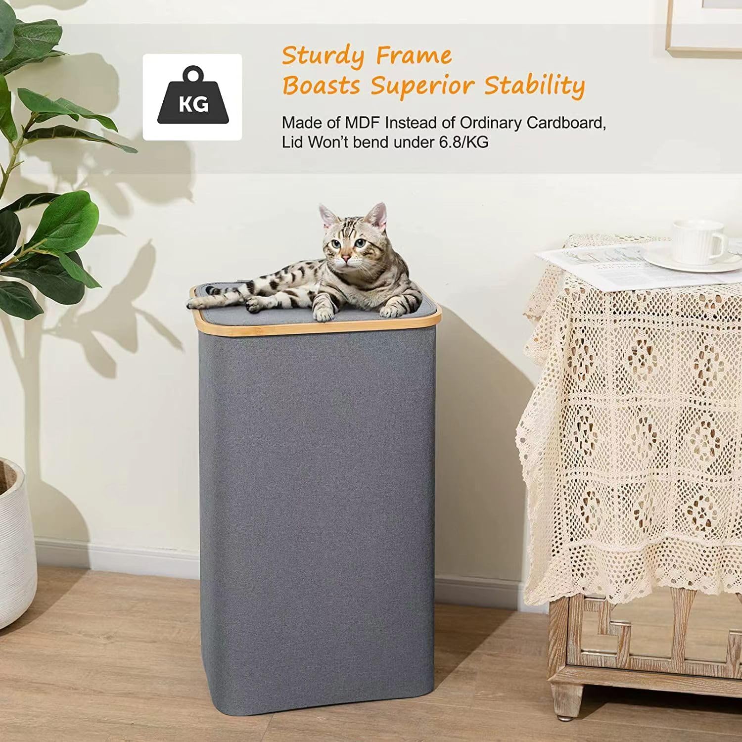 100L Laundry Basket with Lid,Portable with Handle, Detachable inner Bag, Clothes Hamper with Bamboo Handles for Clothes Toys in Dorm Bedroom Bathroom -Foldable Laundry Hamper,Gray