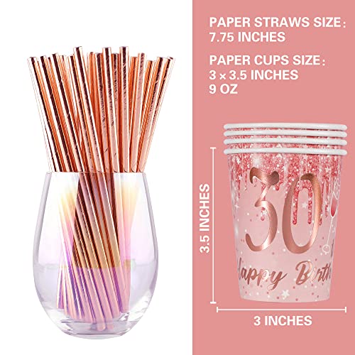 30th birthday decorations for women her - (Total 121pcs) rose gold Birthday supplies Plates and Napkins, Cups, Straws, tablecloth, Disposable Tableware for 24 Guests