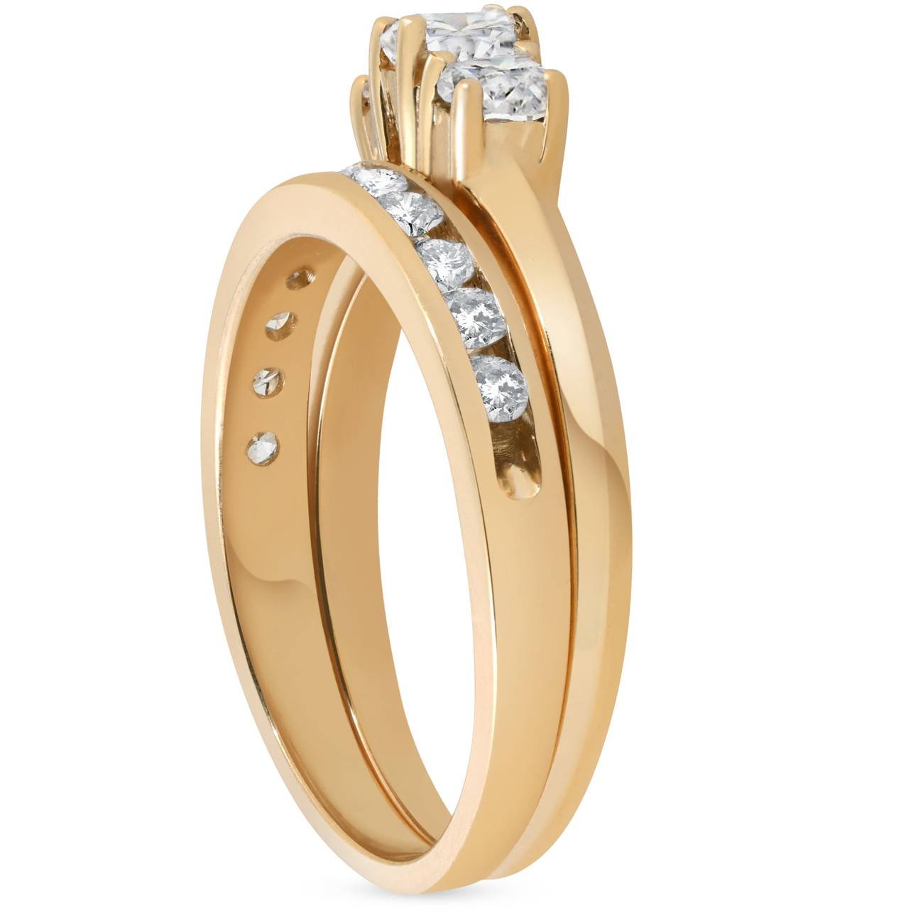 14k Yellow Gold 1ct Diamond Engagement Wedding Ring Set 3Stone Channel Set Round - Size 9