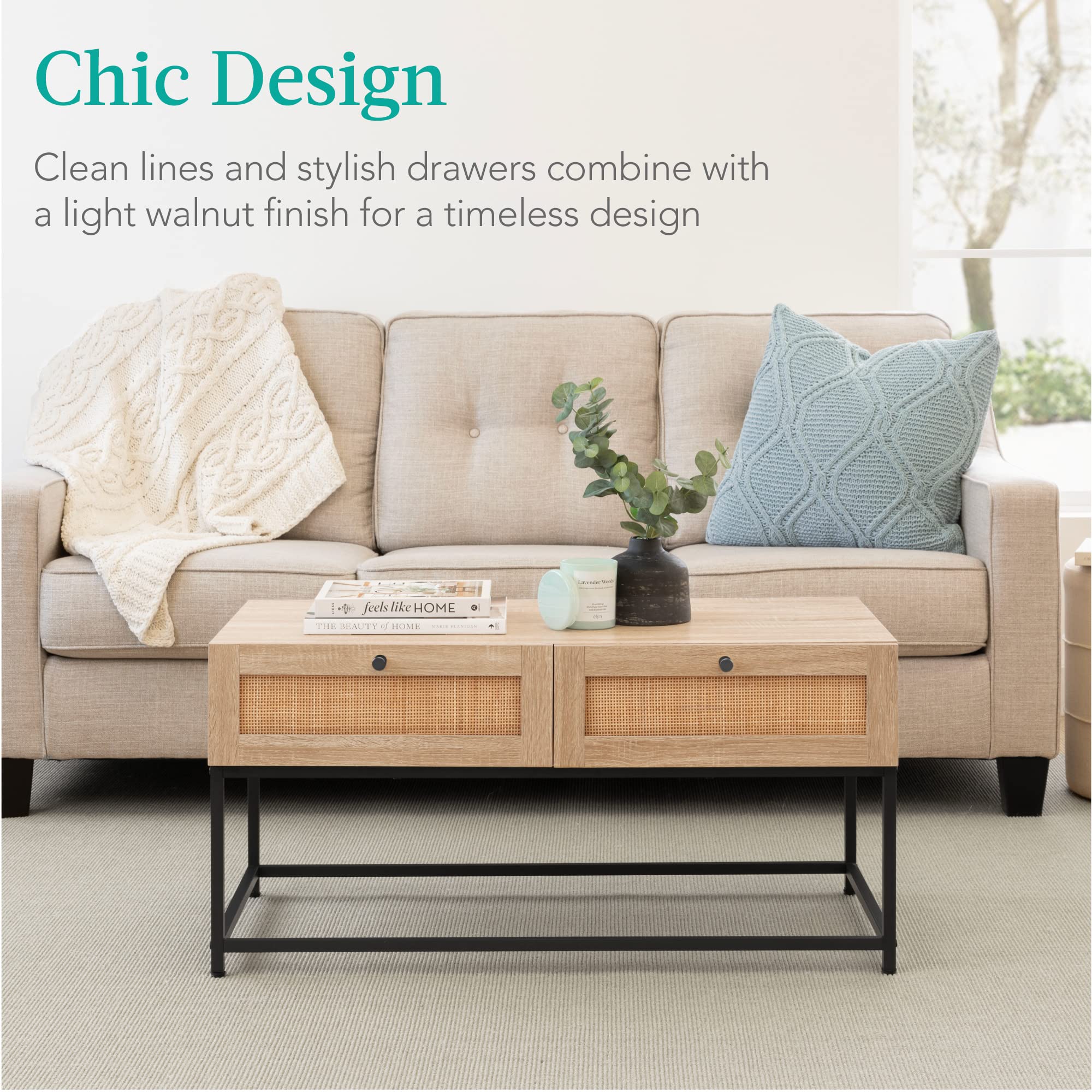 Best Choice Products 39in Rattan Coffee Table, 2-Drawer Modern Boho Home Furniture for Living Room, Bonus Room w/Wicker Storage Compartments, Oak Wood Grain Finish, Metal Frame & Knobs - Light Walnut