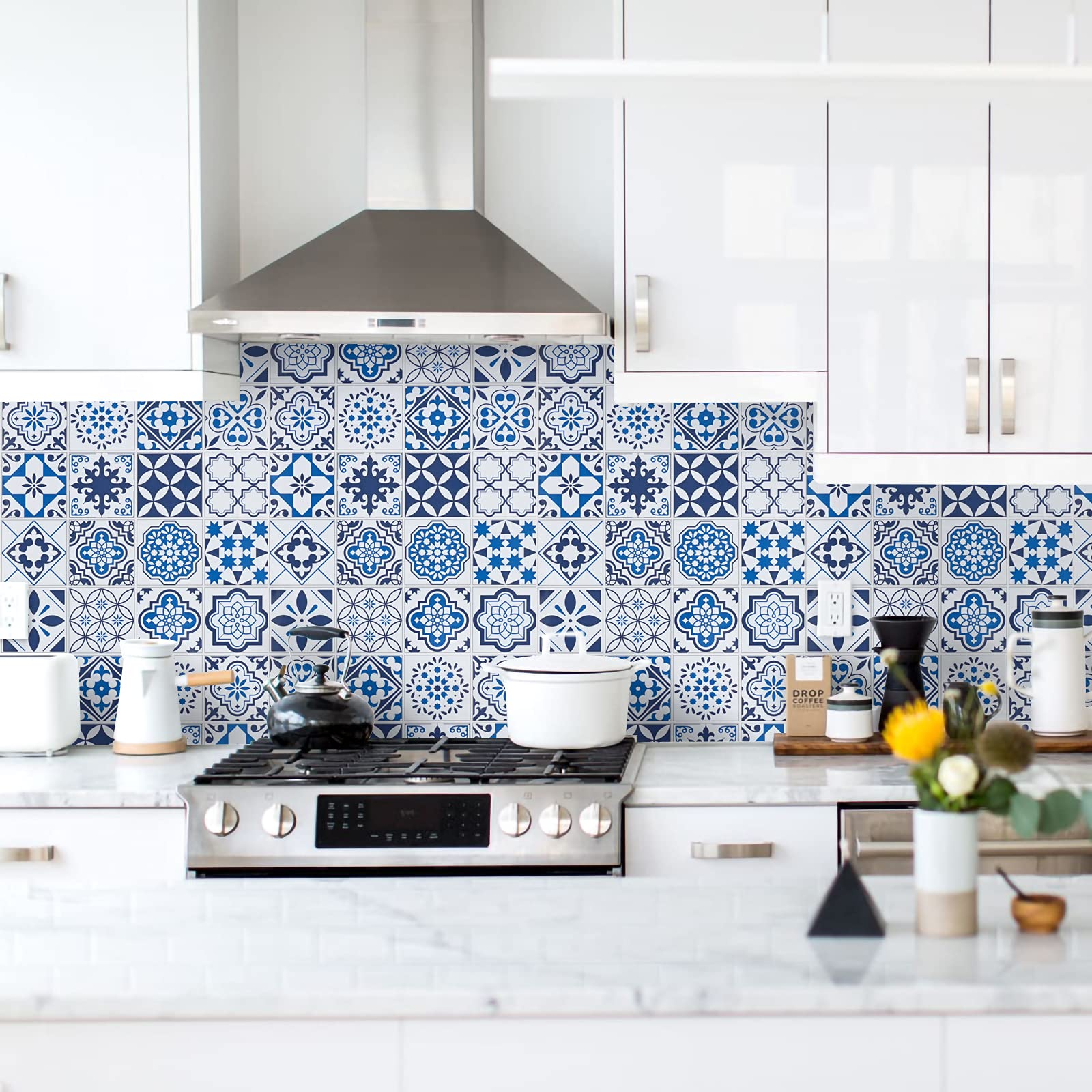 197"x 17.7"Blue Pattern Contact Paper Glossy Surface Waterproof Contact Paper Decorative Self Adhesive for Kitchen Bathroom Counters Removable Counter Paper Peel and Stick Wallpaper Easy to Clean