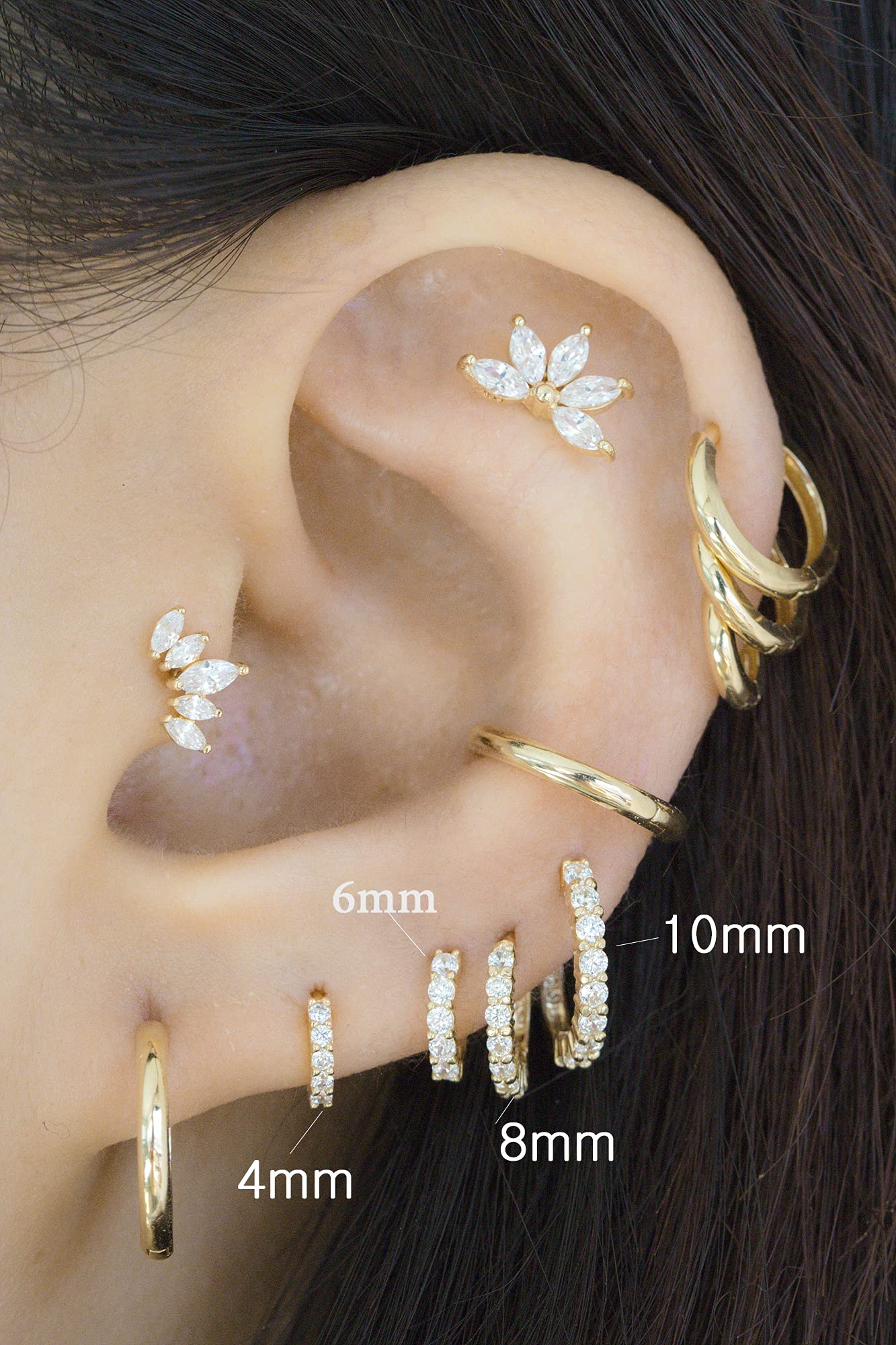 14K Real Solid Gold Jewelry Cz 7mm Open Round Circle Tragus Cartilage Snug Inner Outer Conch Daith Helix Ear Segment Clicker Huggie Hoop Ring Piercing Earring For Women