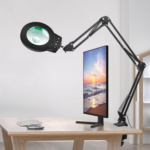 10X 5X Magnifying Glass Light Stand Swing Arm Desktop Lamp Desk Table Close Work Up for Crafting, Reading, Sewing, Model Assembly, Soldering