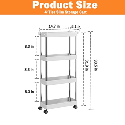 4 Tier Slim Rolling Storage Cart,Laundry Room Organization Rolling Utility Cart Slide Out Storage Shelves Mobile Shelving Unit Organizer for Office Kitchen Bathroom Laundry Narrow Places(White,Slim)
