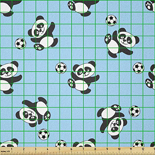 Ambesonne Soccer Fabric by The Yard, Panda Player Kicking a Ball Boys Design Fun Animal Pattern, Stretch Knit Fabric for Clothing Sewing and Arts Crafts, 1 Yard, Blue White