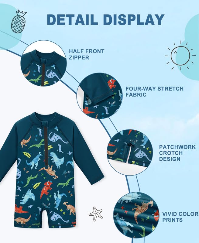 BesserBay Long Sleeve One Piece Rashguard UPF 50+ Dinosaur Navy Zip Up Swimwear for Baby Boy 18-24 Months