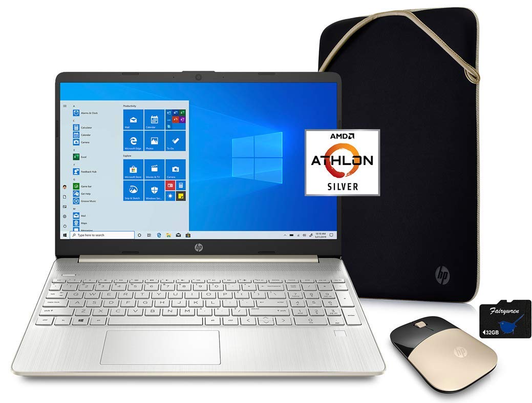 HP 2021 15.6" HD Laptop Computer, AMD Athlon Silver N3050U, 4GB RAM, 128GB SSD, HDMI, USB-C, WiFi, Webcam, Windows 10 S with Office 365 for 1 Year, Mouse, Sleeve + Fairywren Card (Pale Gold)