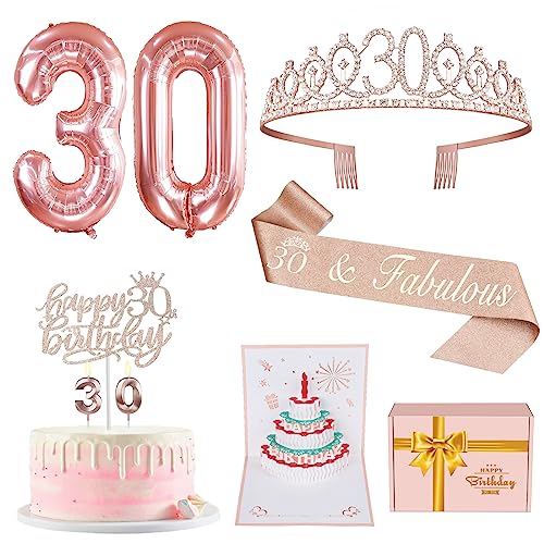 30th Birthday Decorations Women, Include 30th Birthday Sash and Tiara, Birthday Cake Topper and 30 Birthday Candles, 30 Balloons, 3D Birthday Card, 30th Birthday Gifts For Women